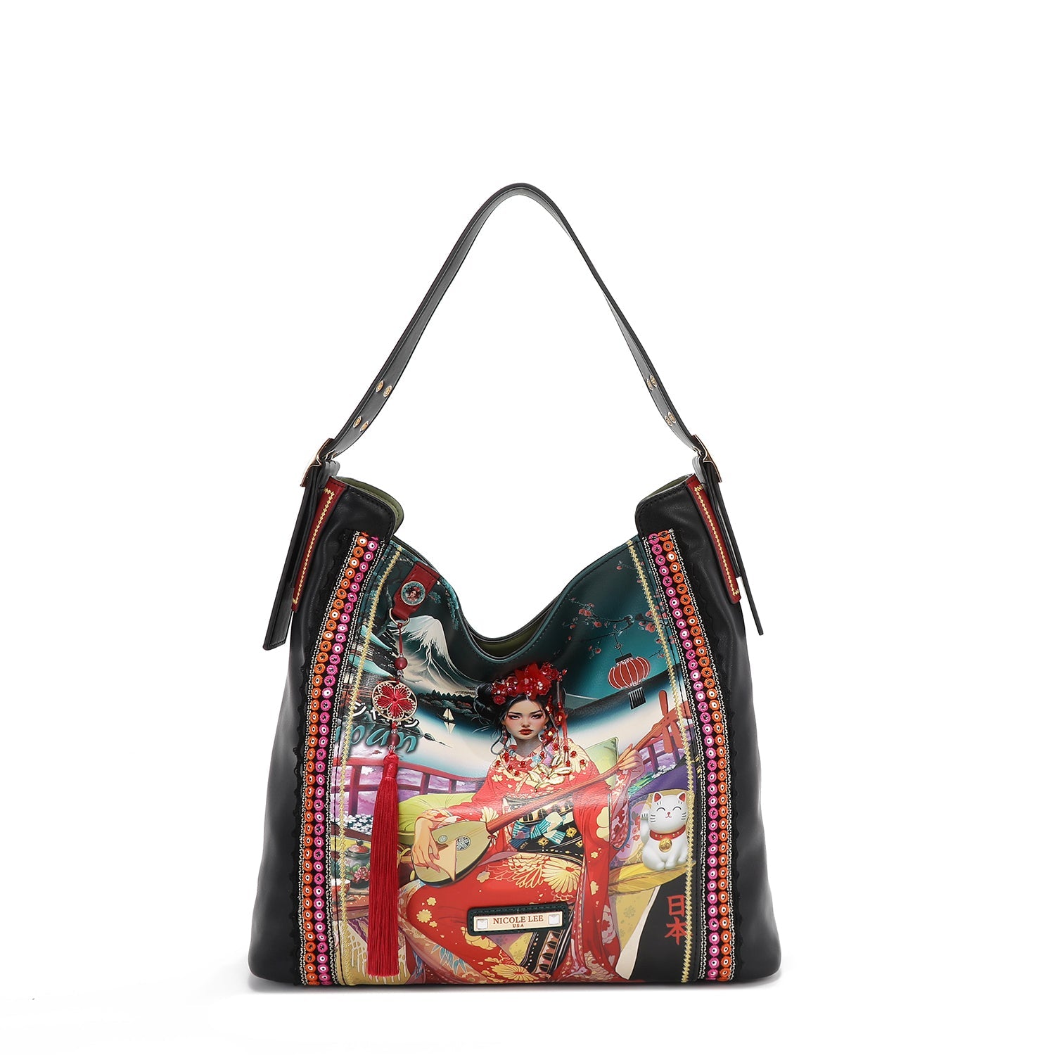 Akiko La Belleza Shoulder Bag with Embellishments, Detachable Tassel Charm